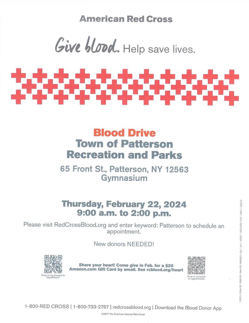 Town of Patterson Recreation & Parks: Red Cross Blood Drive February